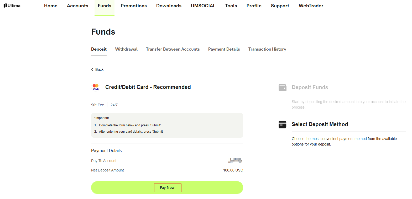 Credit Card deposit – Customer Support Center